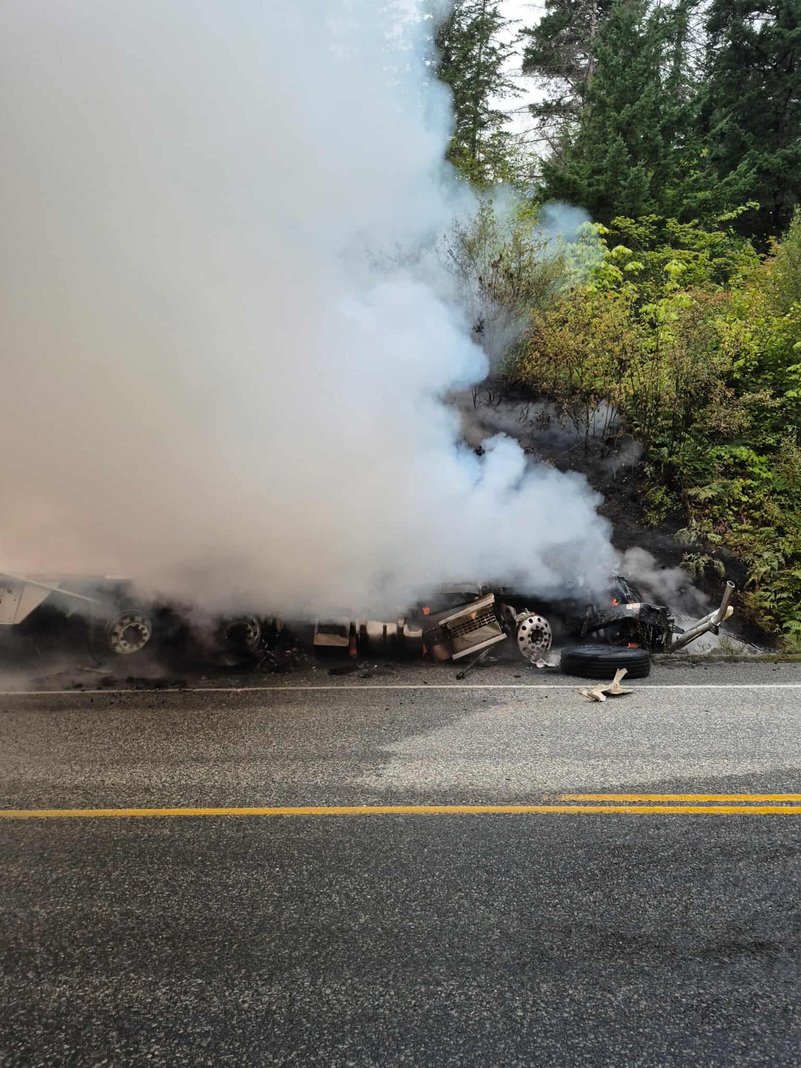 Highway 1 reopens after fiery crash south of Yale, B.C.